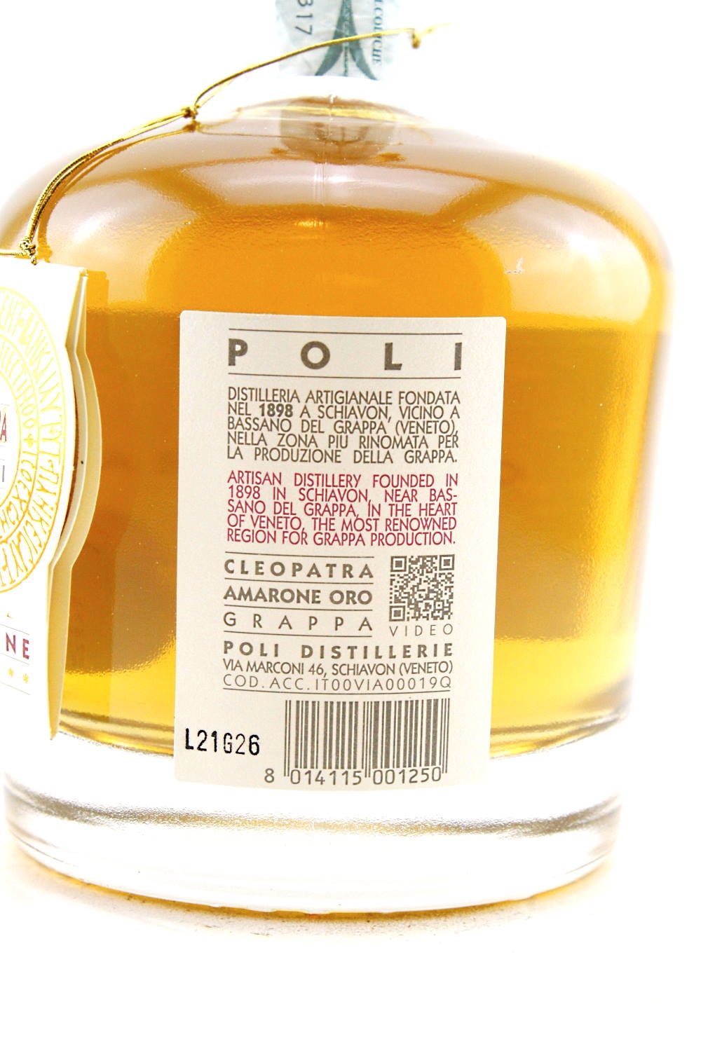 Grappa Amarone Oro Cleopatra con tubo 40% vol. Distilleria Poli Jac...