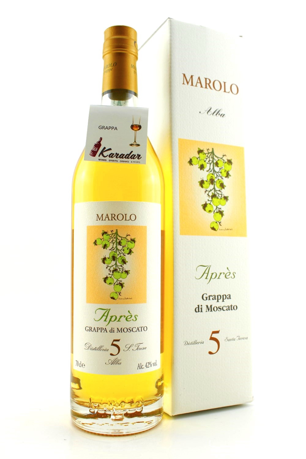 Grappa Moscato Riserva Apres 5 Y gelagert 42% vol. Brennerei Marolo...