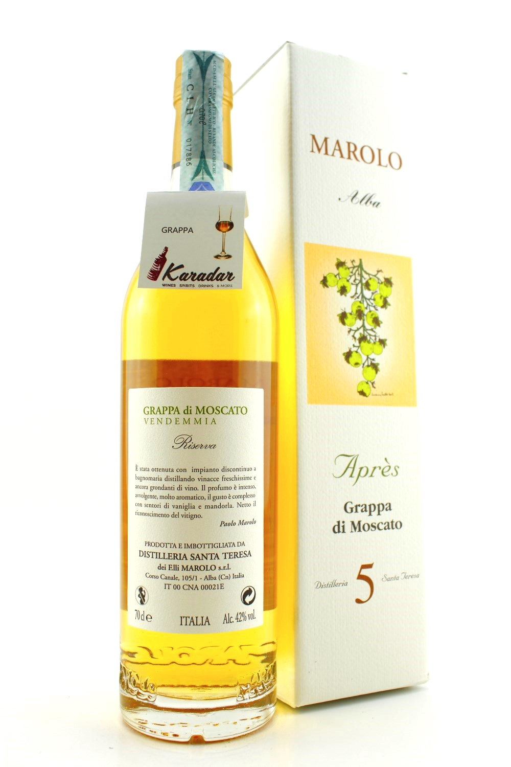 Grappa Moscato Riserva Apres 5 Y barrique 42% vol. Marolo Distiller...
