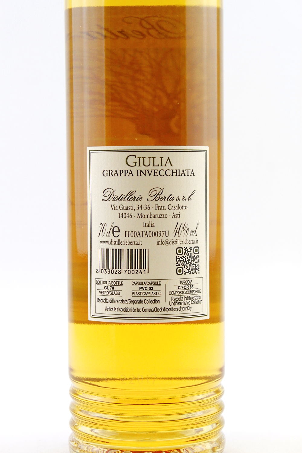 Giulia Grappa Chardonnay barrique 40% vol. Berta Distillery | Karad...